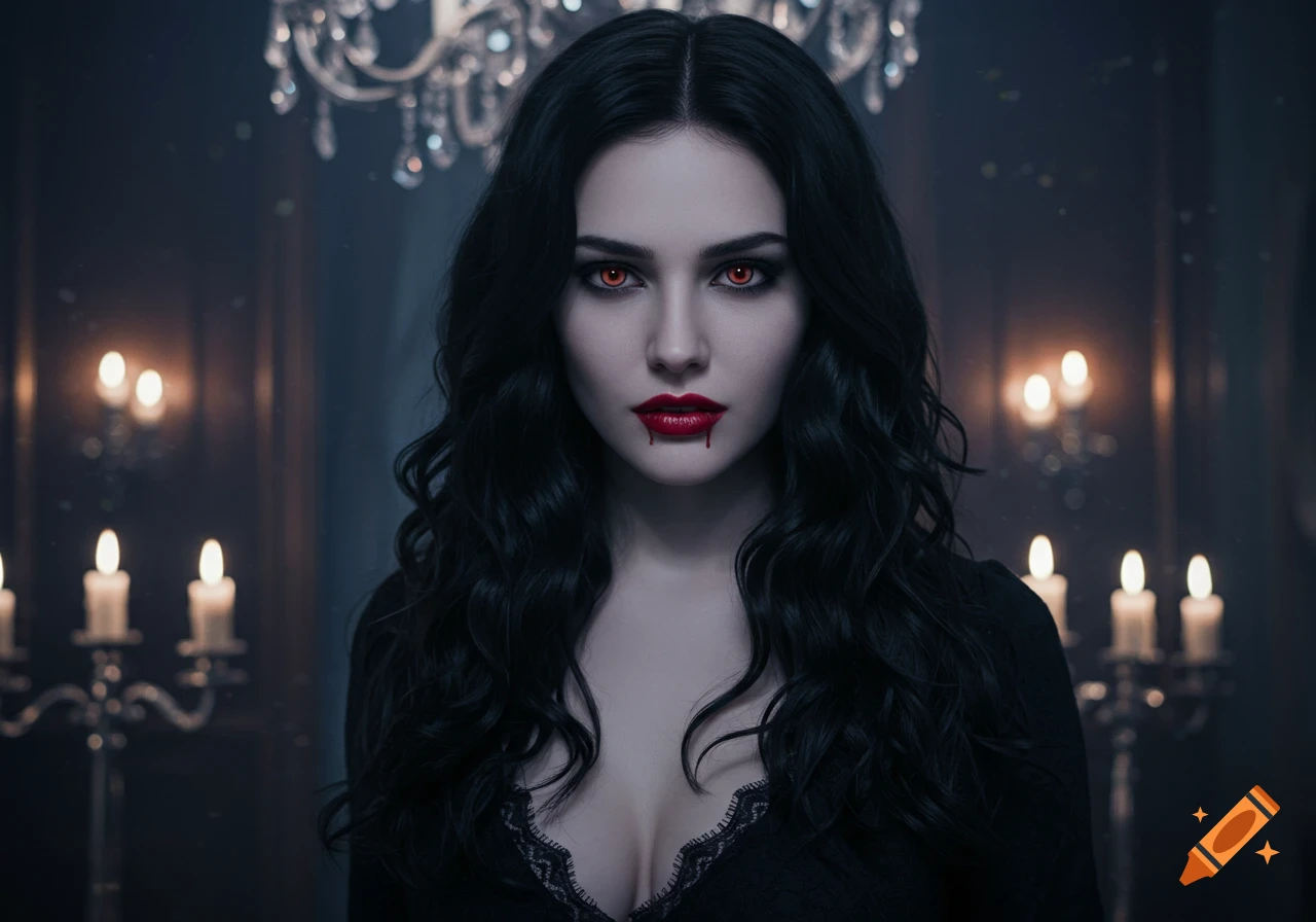 Fantasy illustration of a fierce woman in a red dress on Craiyon