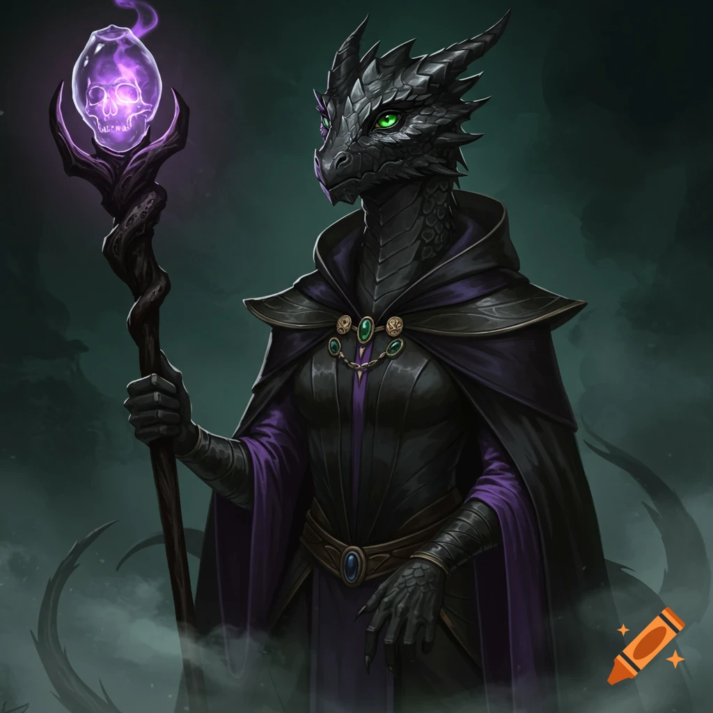 A serious male elf magus in leather armor and glasses, holding a black ...