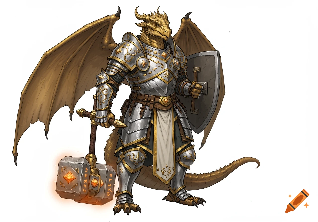 A bronze dragonborn cleric in heavy armor holds a mace and shield in a ...