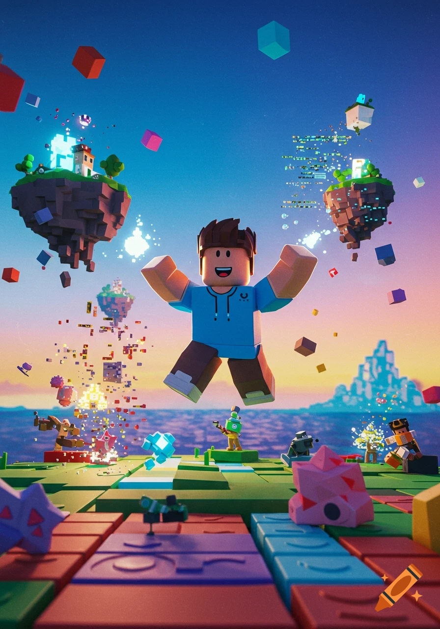Roblox-style block characters run and float through a vibrant ...