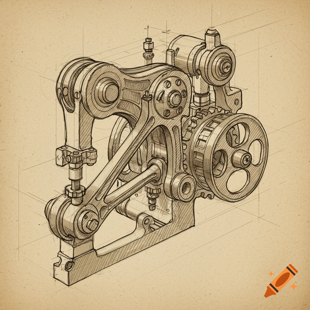 A vintage-style technical sketch of a complex mechanical device with ...