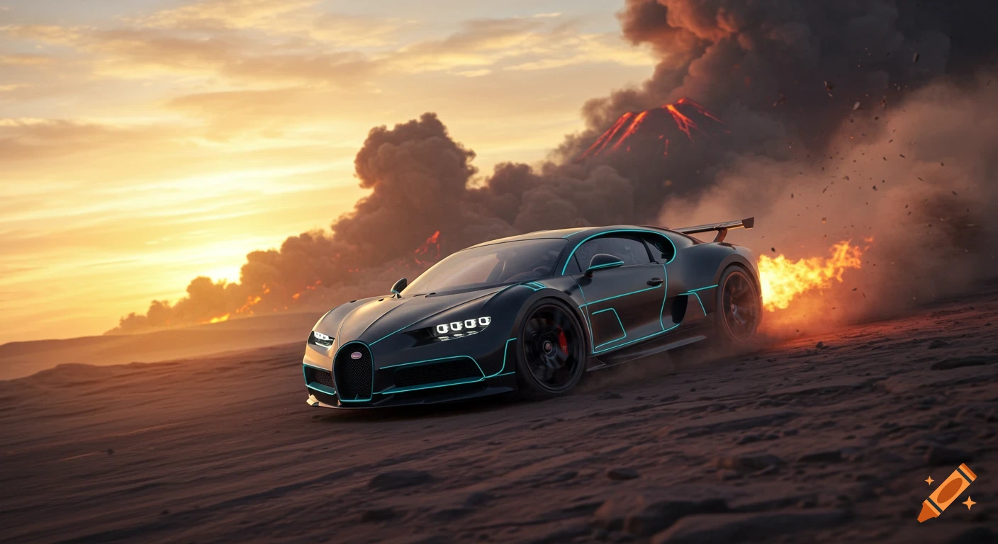 Black Bugatti hypercar with neon accents drifts on a desert plain ...