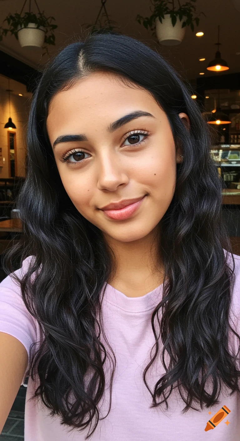 Close-up photorealistic selfie of a beautiful young Hispanic woman with ...