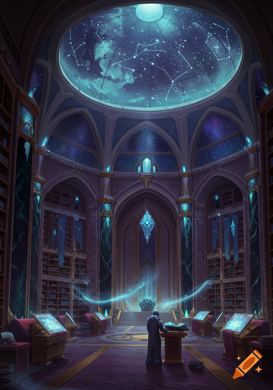 A grand fantasy alchemy laboratory hall with glowing beakers ...
