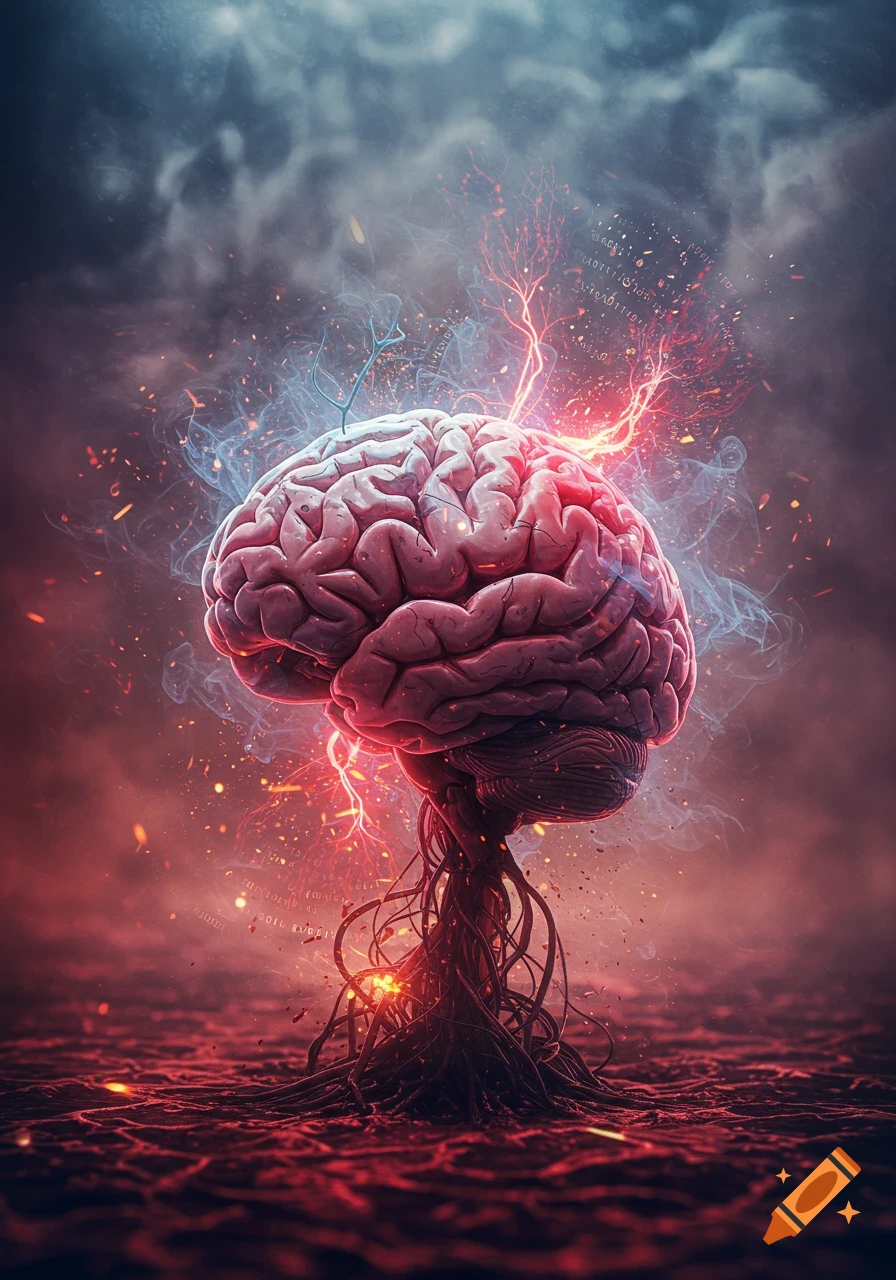 A stylized glowing human brain with roots, crackling with red and blue energy in a dark, fiery ...