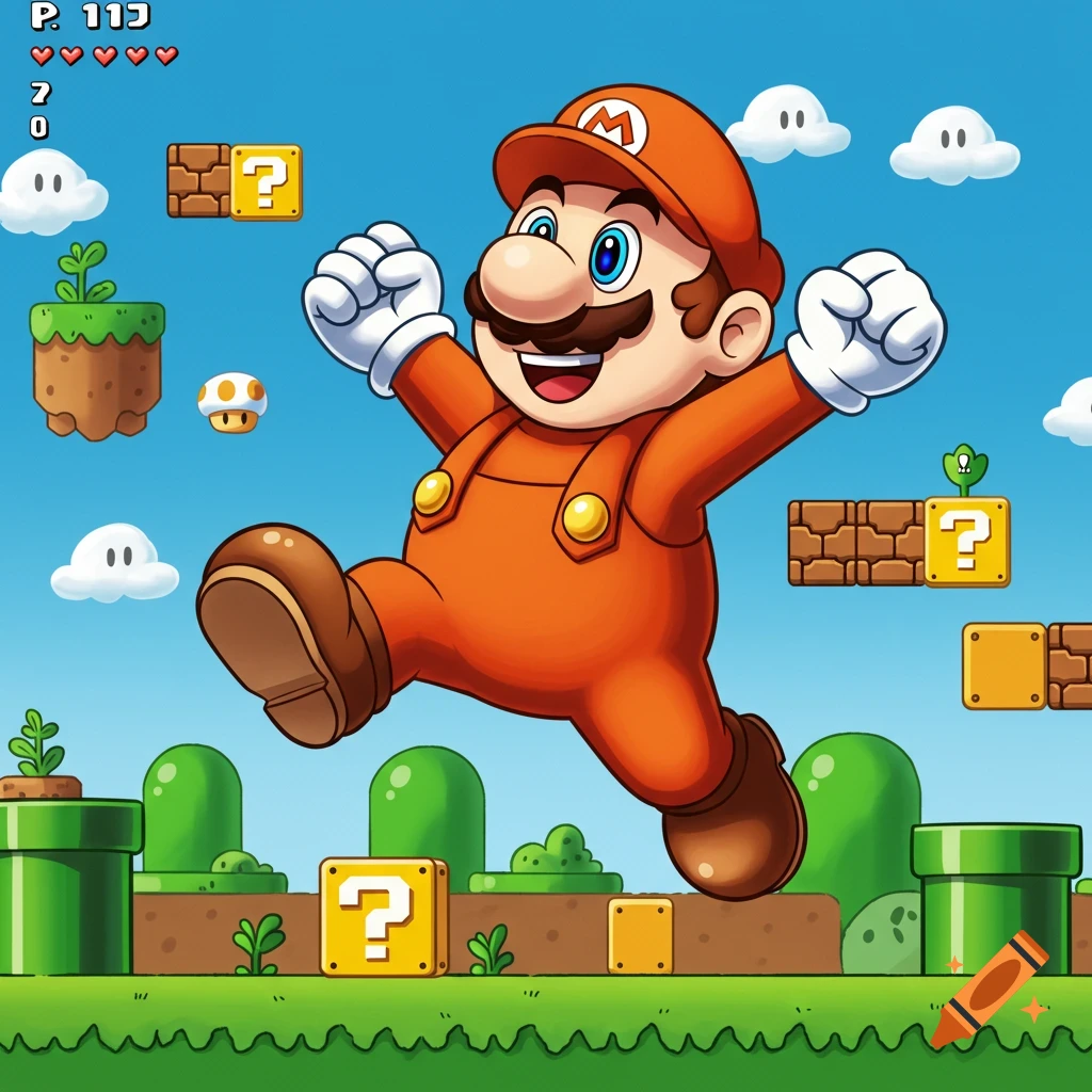 A cartoon-style orange character resembling Super Mario jumps in a ...