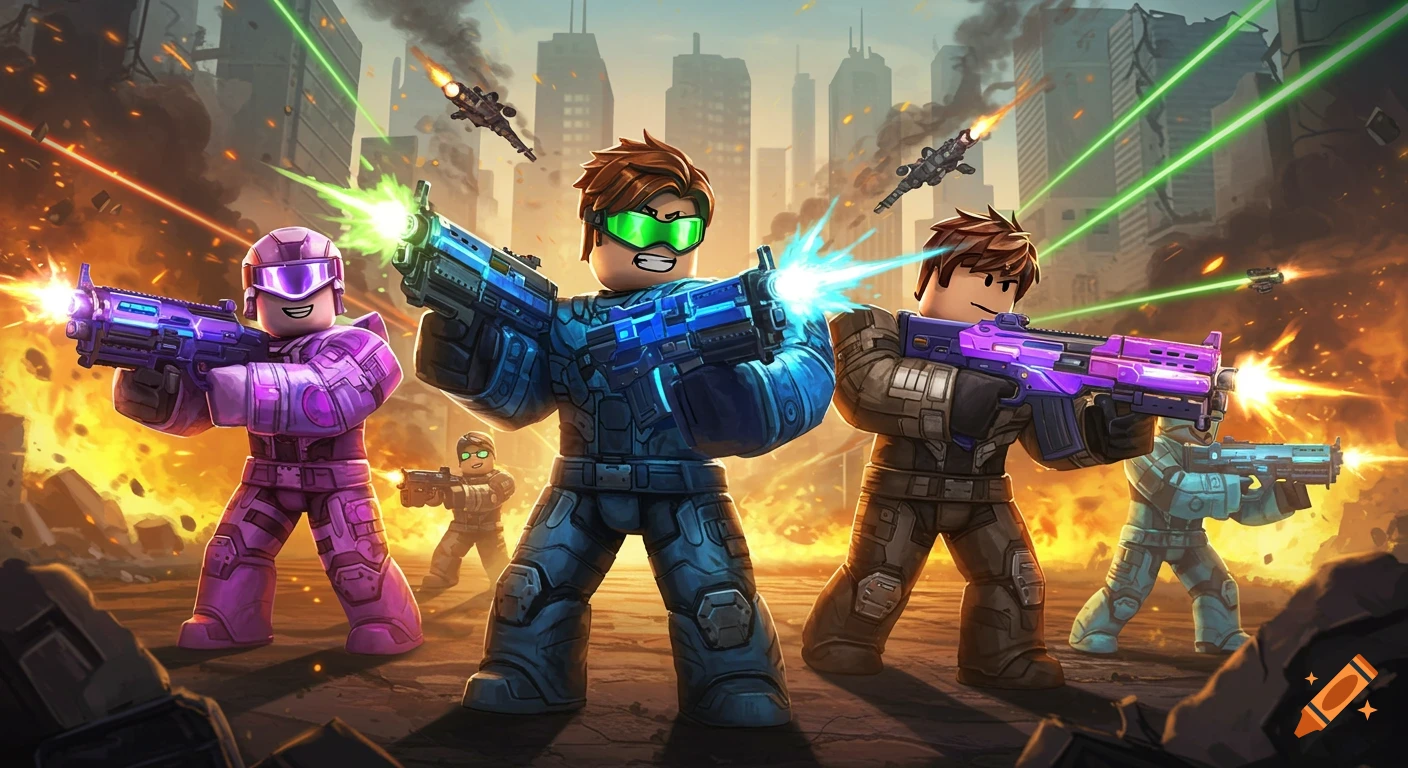 Roblox characters in futuristic armor with glowing guns battle in a ...