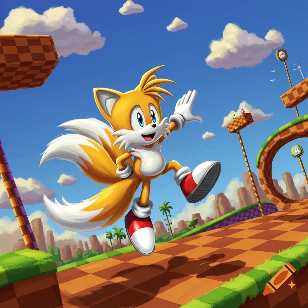 Tails, the yellow fox from Sonic, runs and jumps across a colorful ...