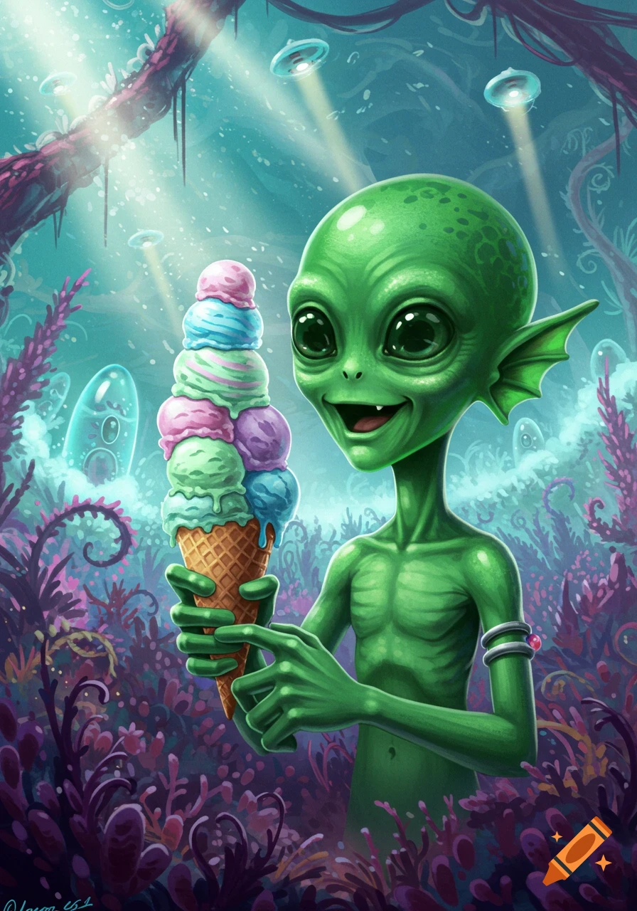 A wide-eyed green alien sits on a red, rocky Martian landscape, holding ...