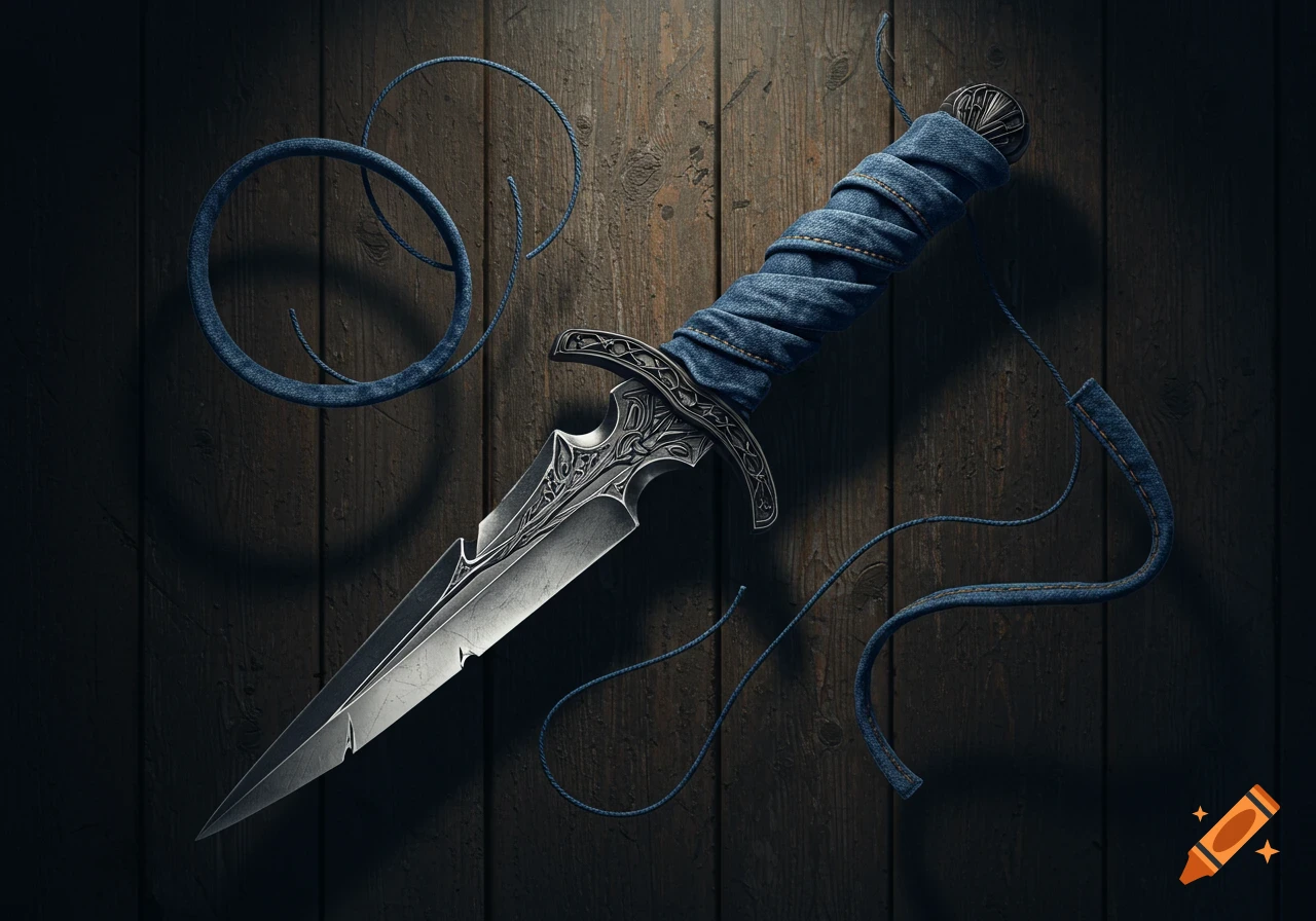 A heavily dark pencil-shaded drawing of a karambit knife with a sharp ...