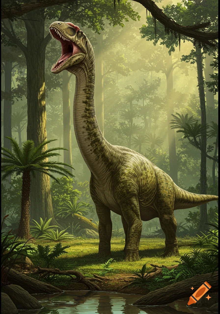 Several dinosaurs and pterosaurs in a lush prehistoric landscape with a ...