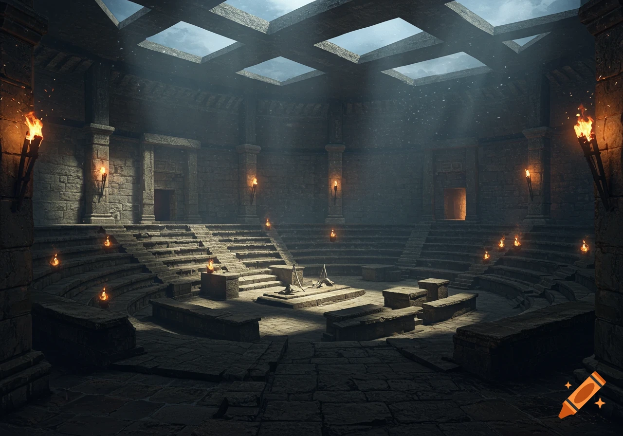 An atmospheric indoor stone amphitheater lit by moonlight and wall ...