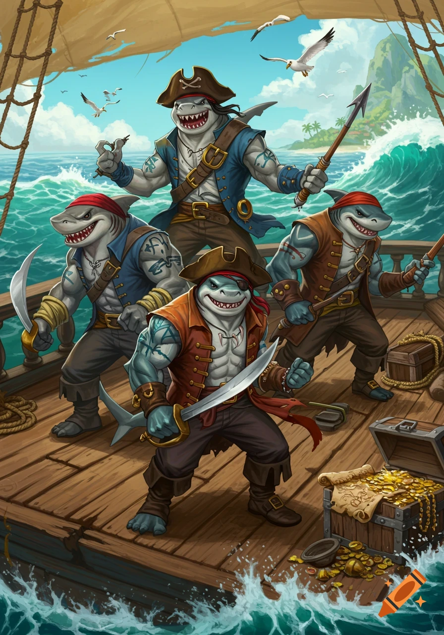 Four anthropomorphic shark pirates with weapons and treasure on a ship ...