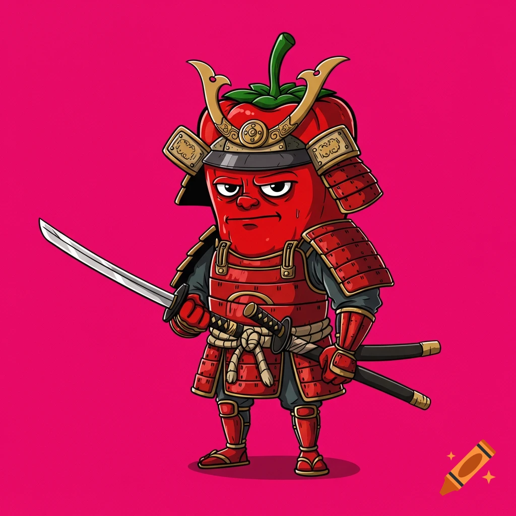 A cartoon red pepper character wearing detailed samurai armor, holding ...