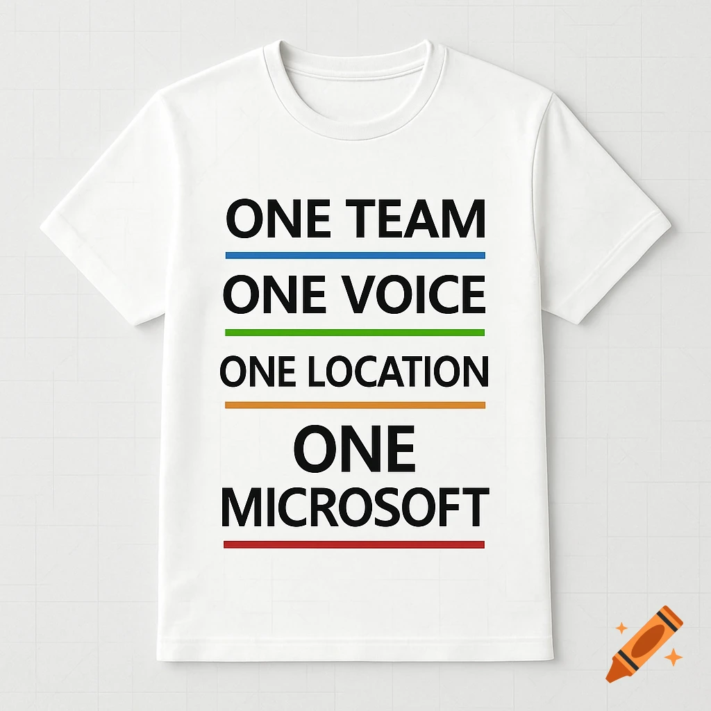 White t-shirt displaying the slogan 'ONE TEAM, ONE VOICE, ONE LOCATION ...