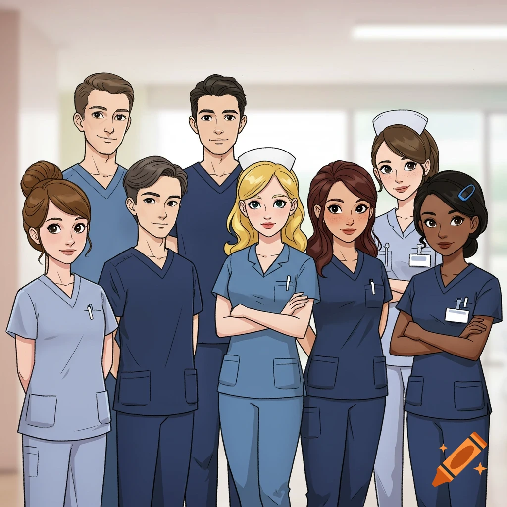 A group of eight cartoon healthcare workers in light and dark blue ...