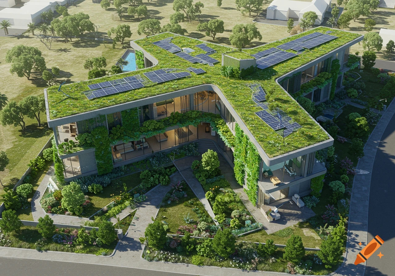 Aerial view of a modern, X-shaped building with a green roof, solar ...