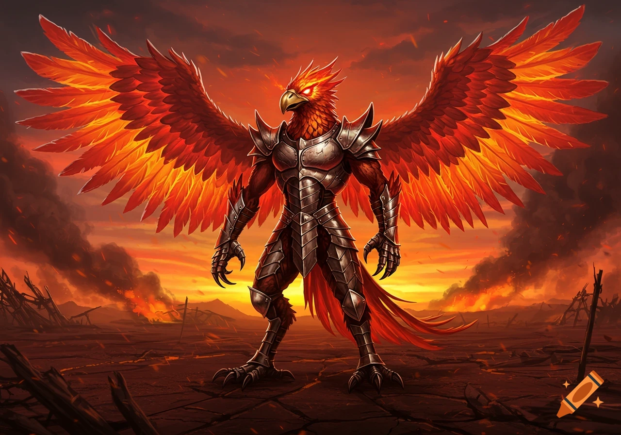 A majestic armored humanoid with a wolf head and huge red-orange ...