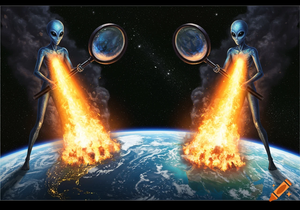 Two blue aliens stand on Earth in space, using magnifying glasses to ...