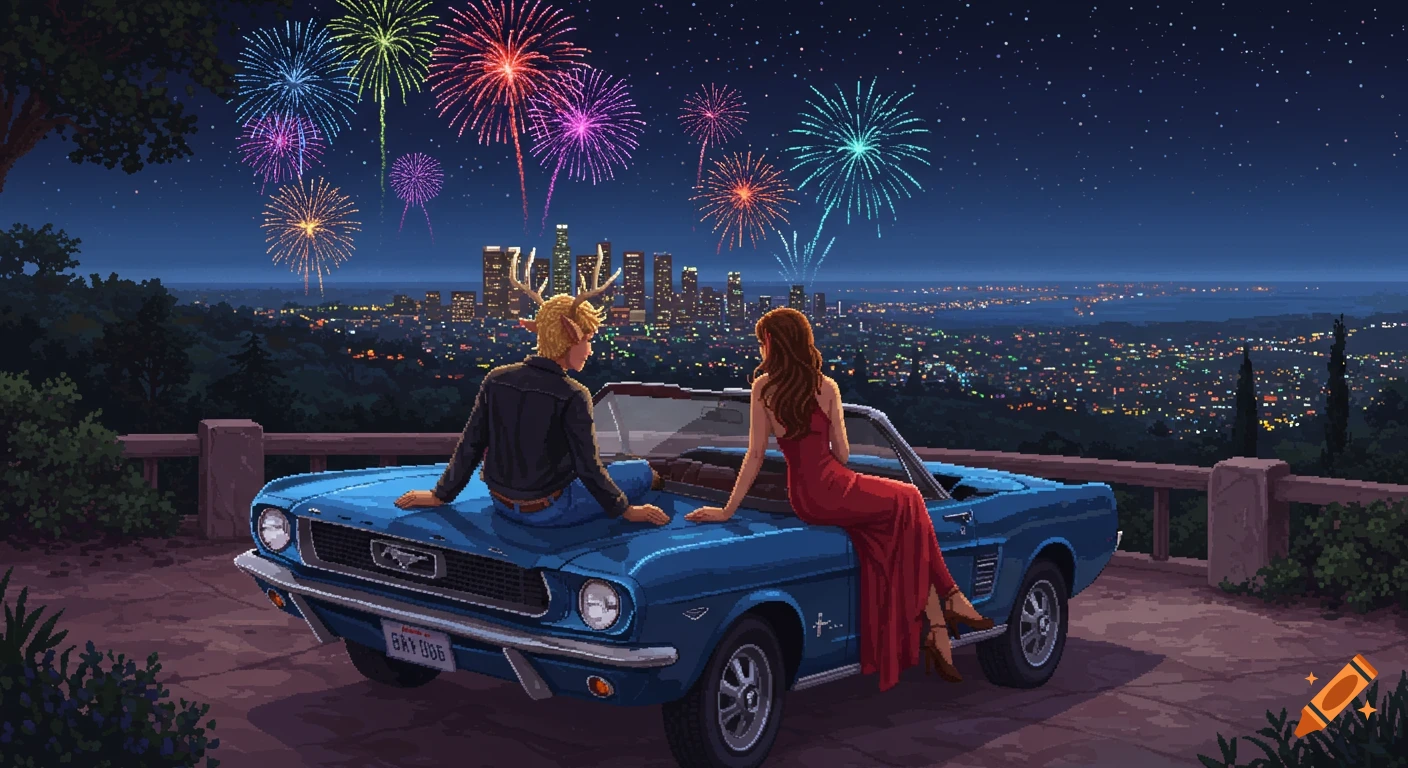 Pixel art of a couple, one with antlers, on a blue Mustang convertible ...