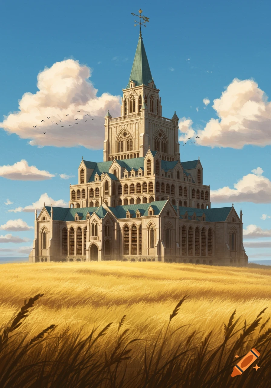 A grand, multi-tiered library building with a tall spire stands in a ...