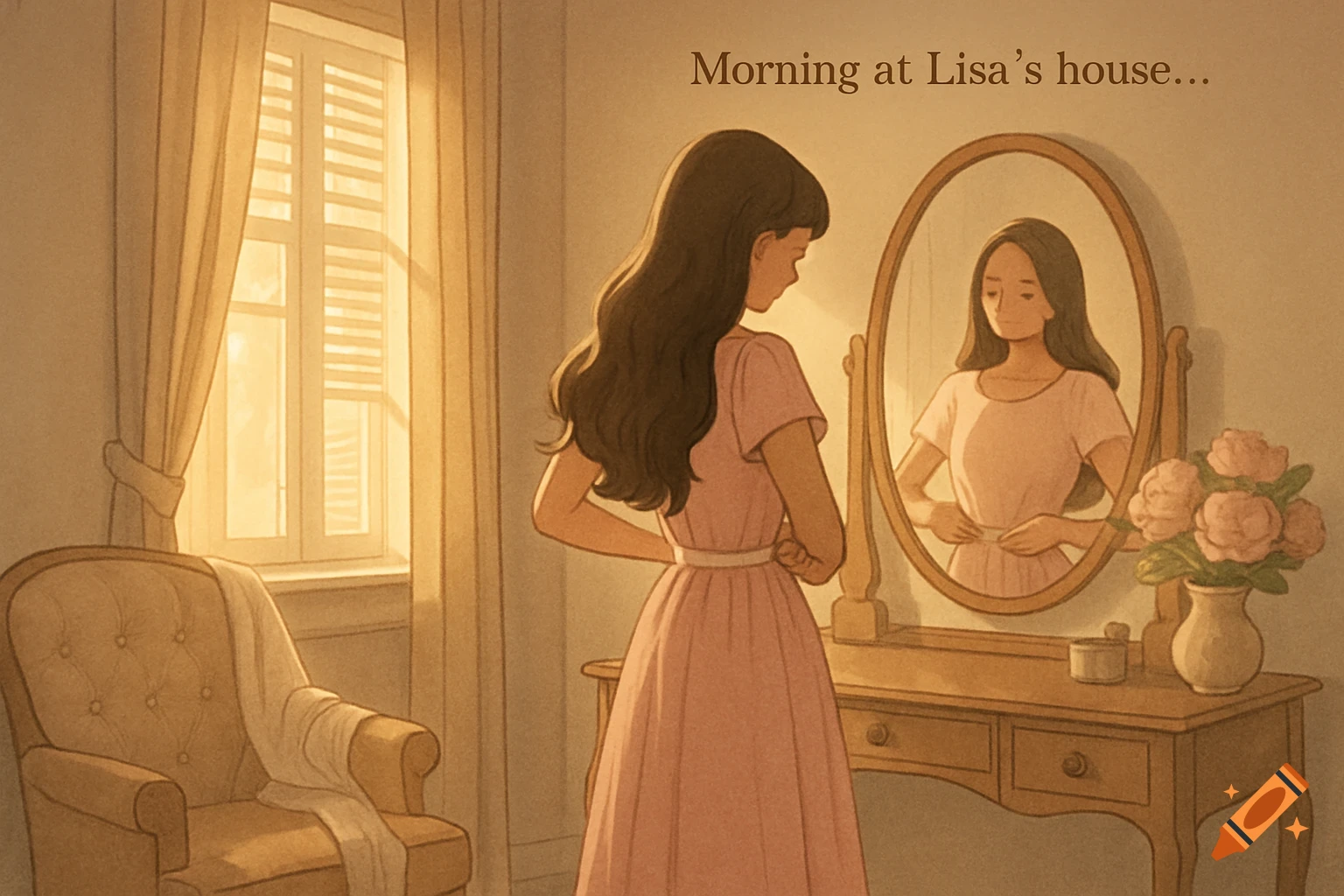 An illustrated scene of a girl named Lisa adjusting her pink dress in ...