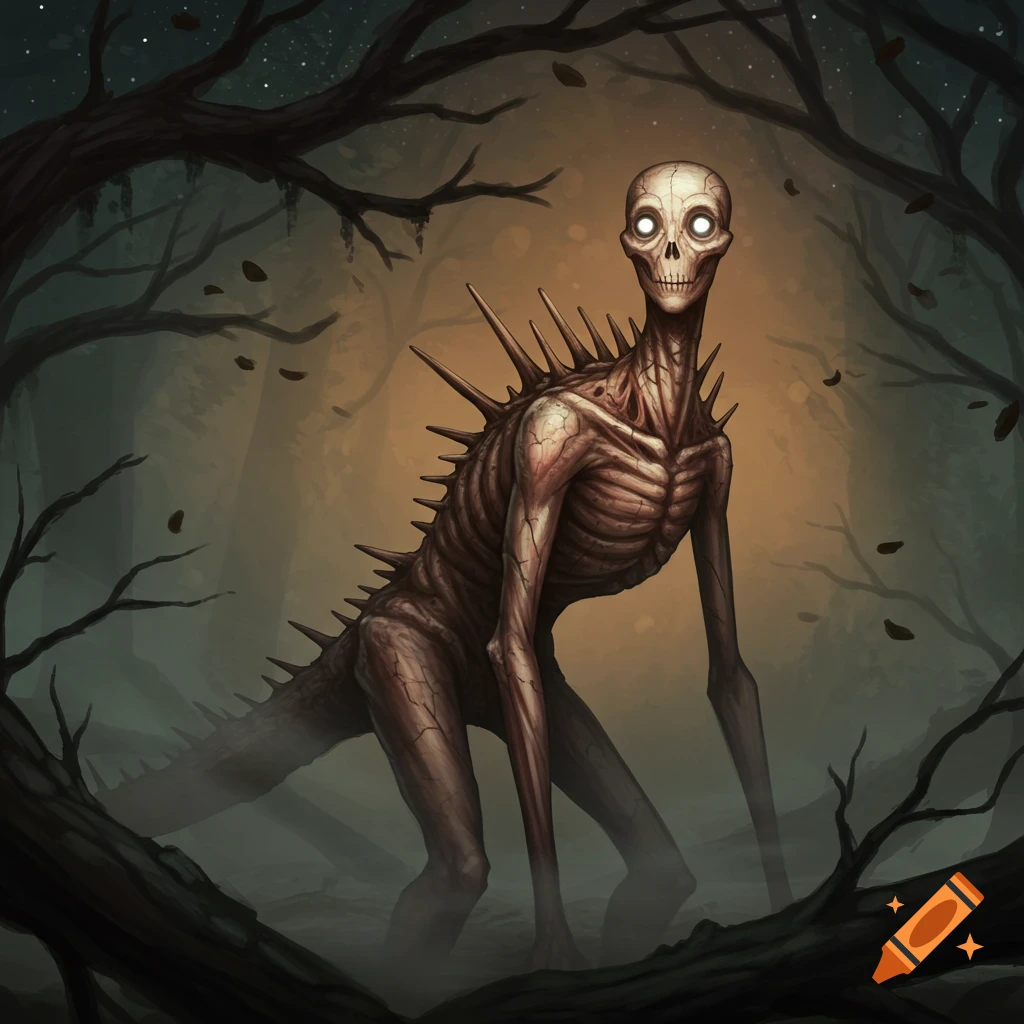 A pale, hairless humanoid creature with glowing eyes stands in a misty ...