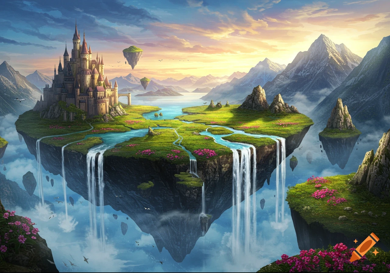 Vibrant, detailed fantasy landscape with floating islands, waterfalls ...