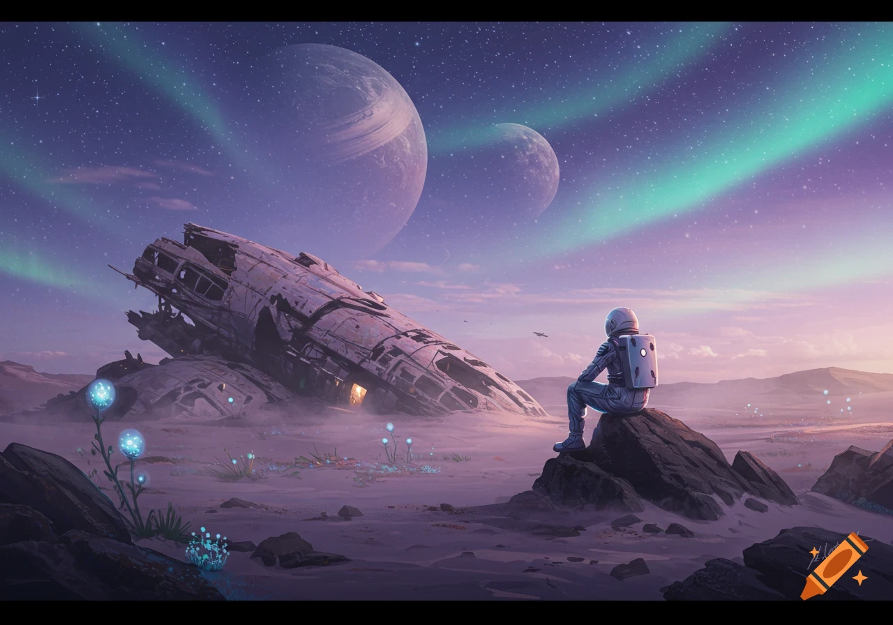 Astronaut sits on a rock on an alien planet with a crashed spaceship ...