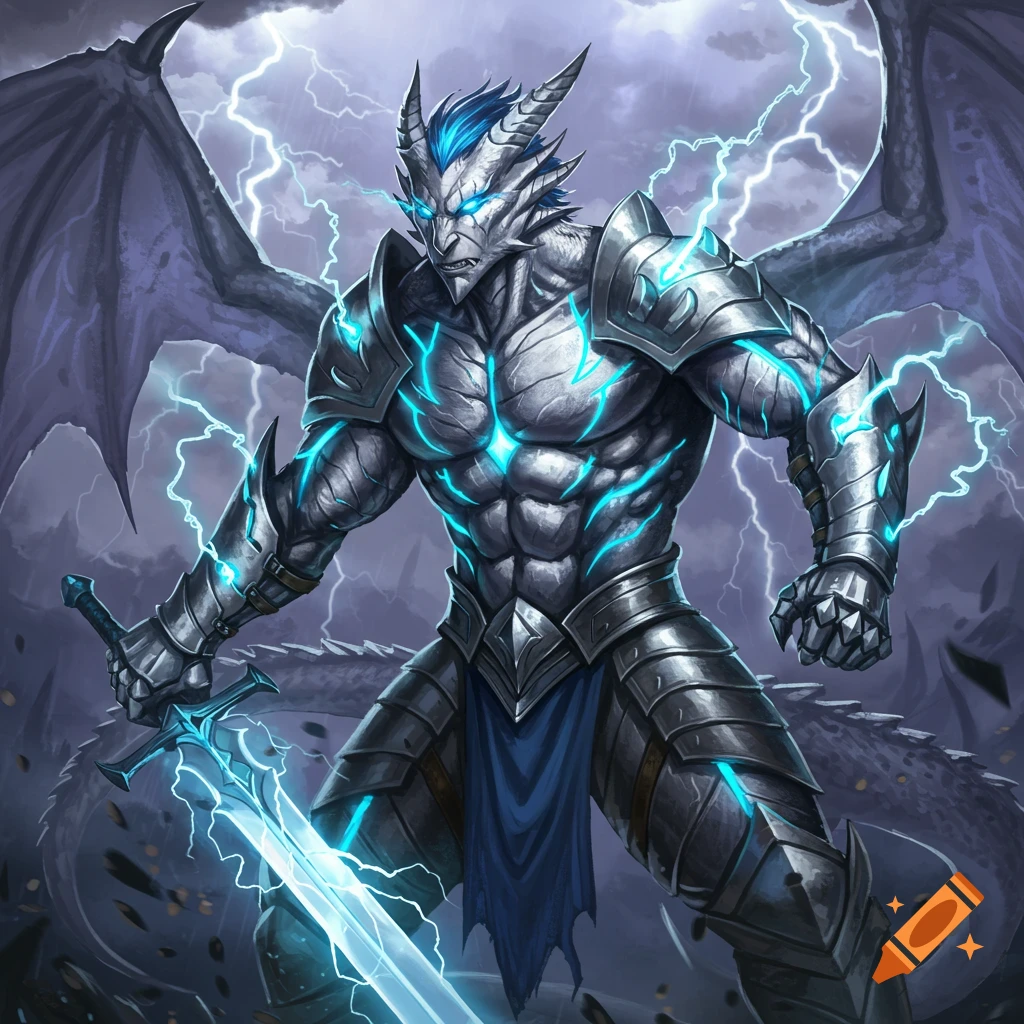 Anime style white dragonborn fighter with blue glowing energy and a ...