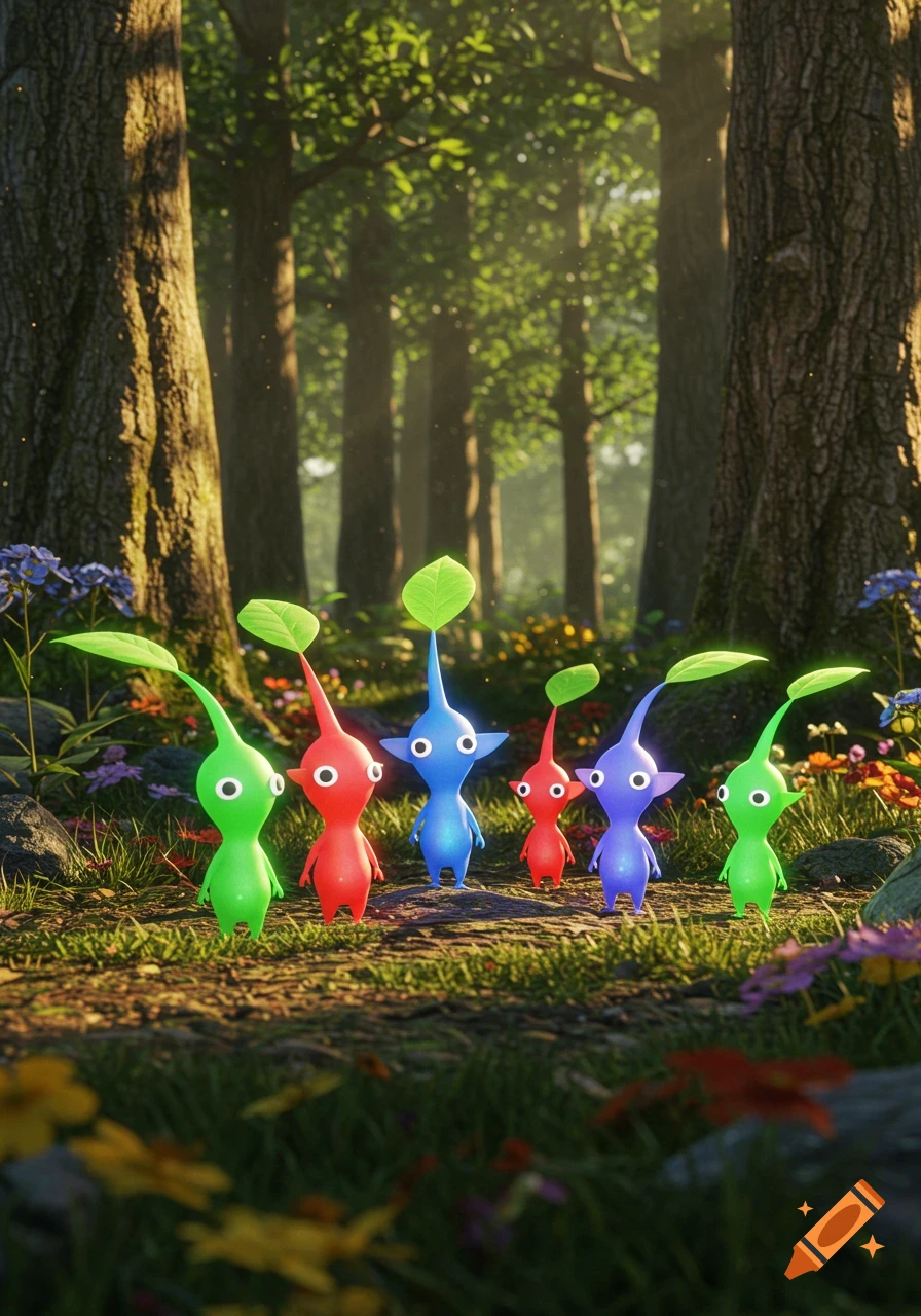 A group of vibrant 3D rendered Pikmin characters, including green, red ...