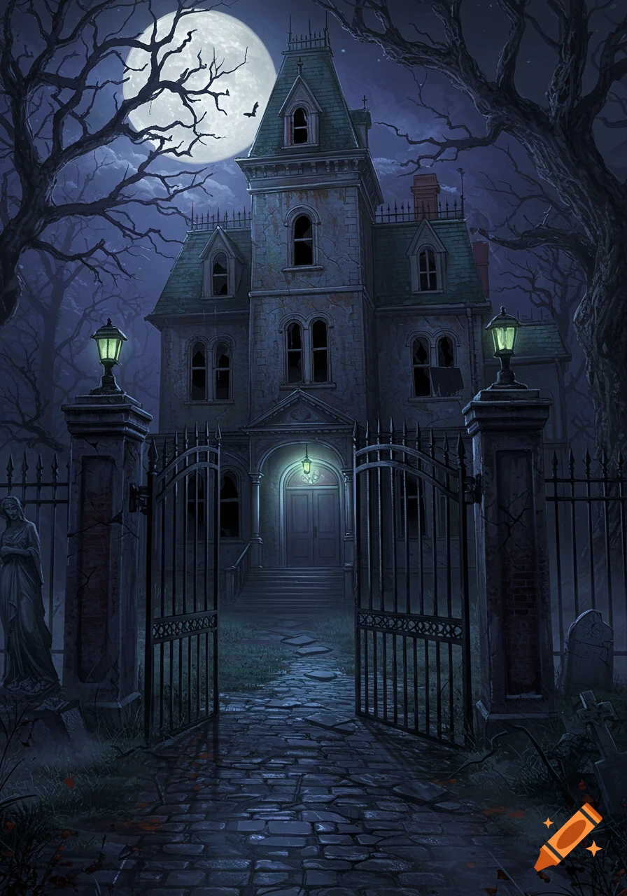 A spooky haunted house at night under a full moon, with bare trees ...