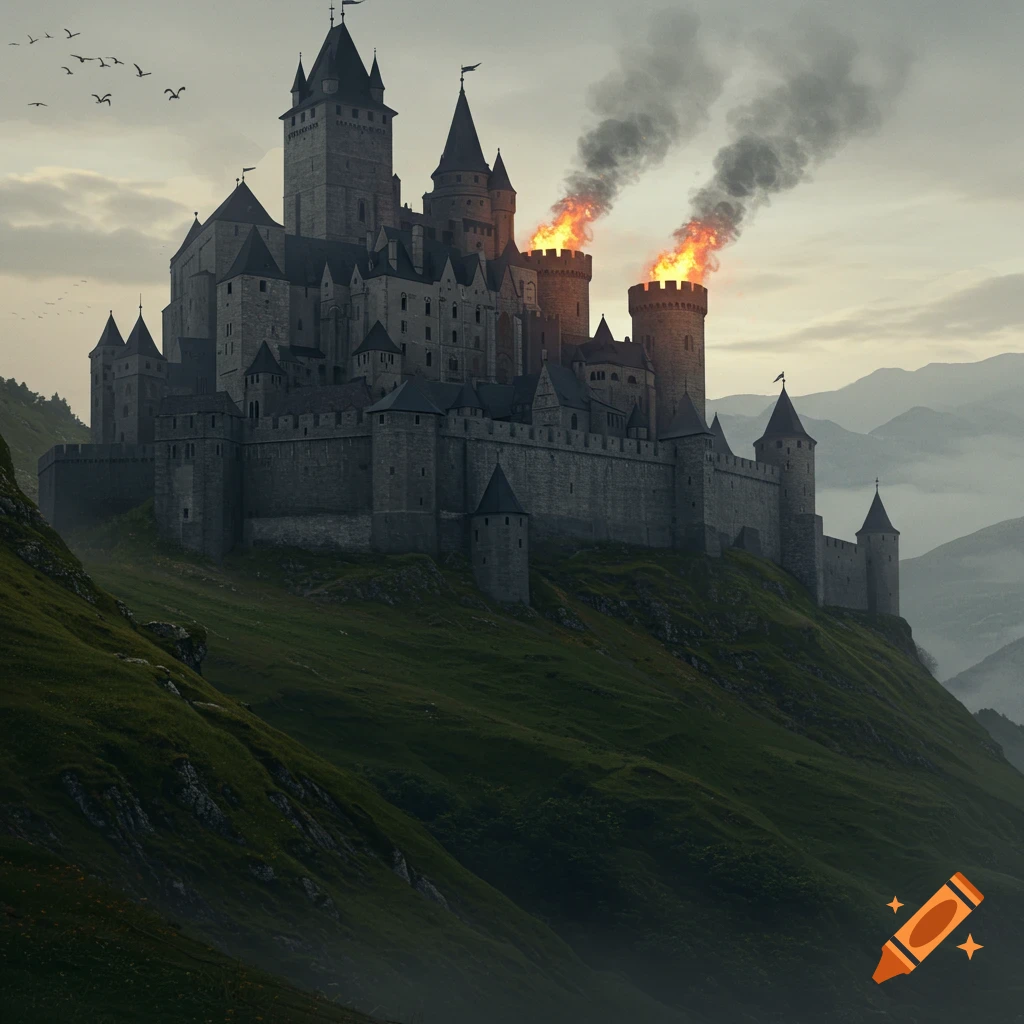 A grand grey stone castle with black-roofed towers on a green, flower ...