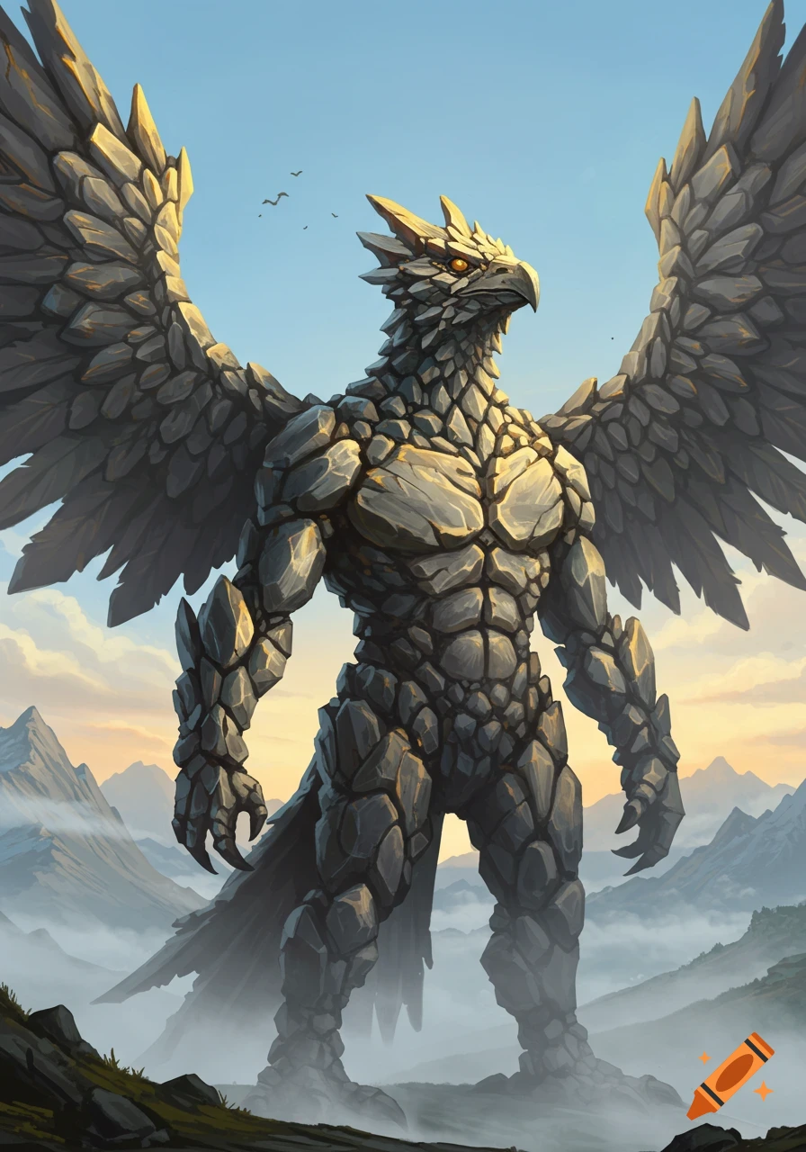A towering stone creature with an eagle head and large wings stands in ...