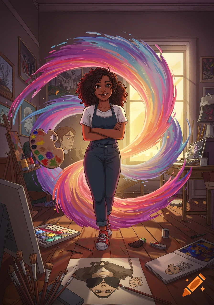 A smiling young female artist with curly hair in an art studio ...