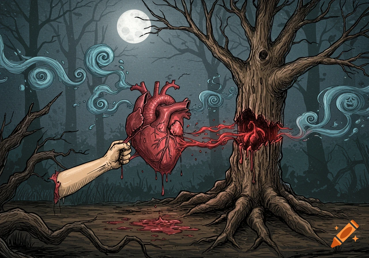 A gothic graveyard with a gnarled, bare tree against a blood-red sky ...