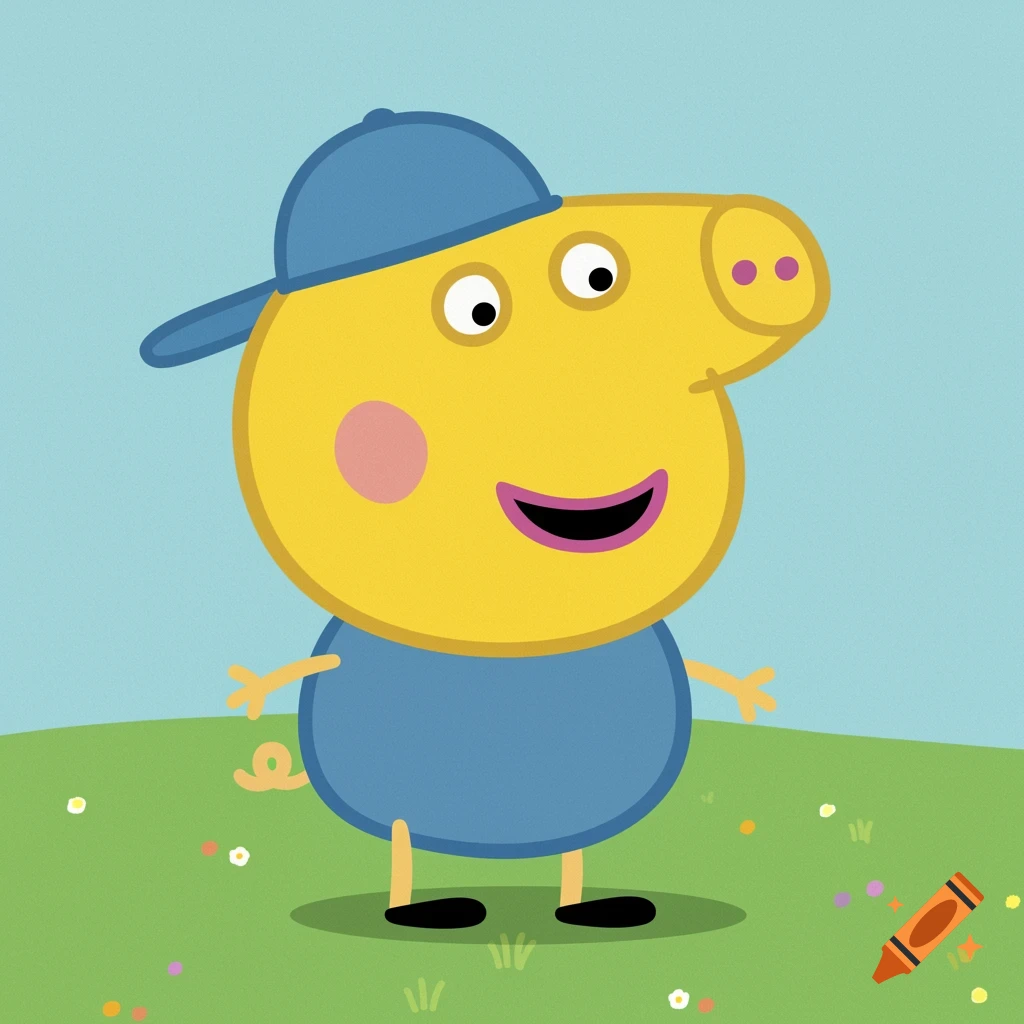A yellow pig-like cartoon character wearing a blue cap and shirt stands ...