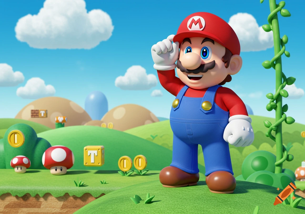 Mario tipping his red cap in a vibrant cartoon Super Mario Bros ...