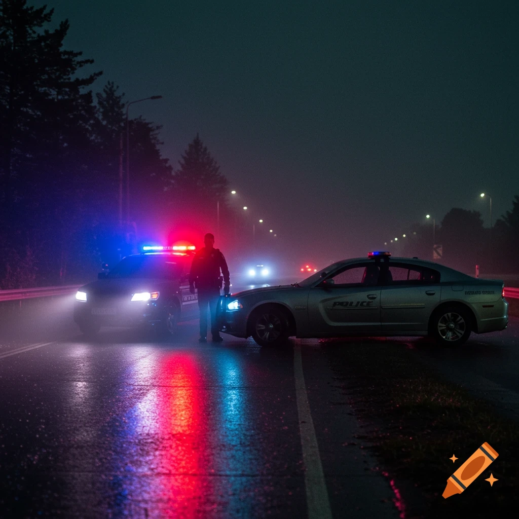 A fire department ladder truck and a police cruiser face inward, with a ...