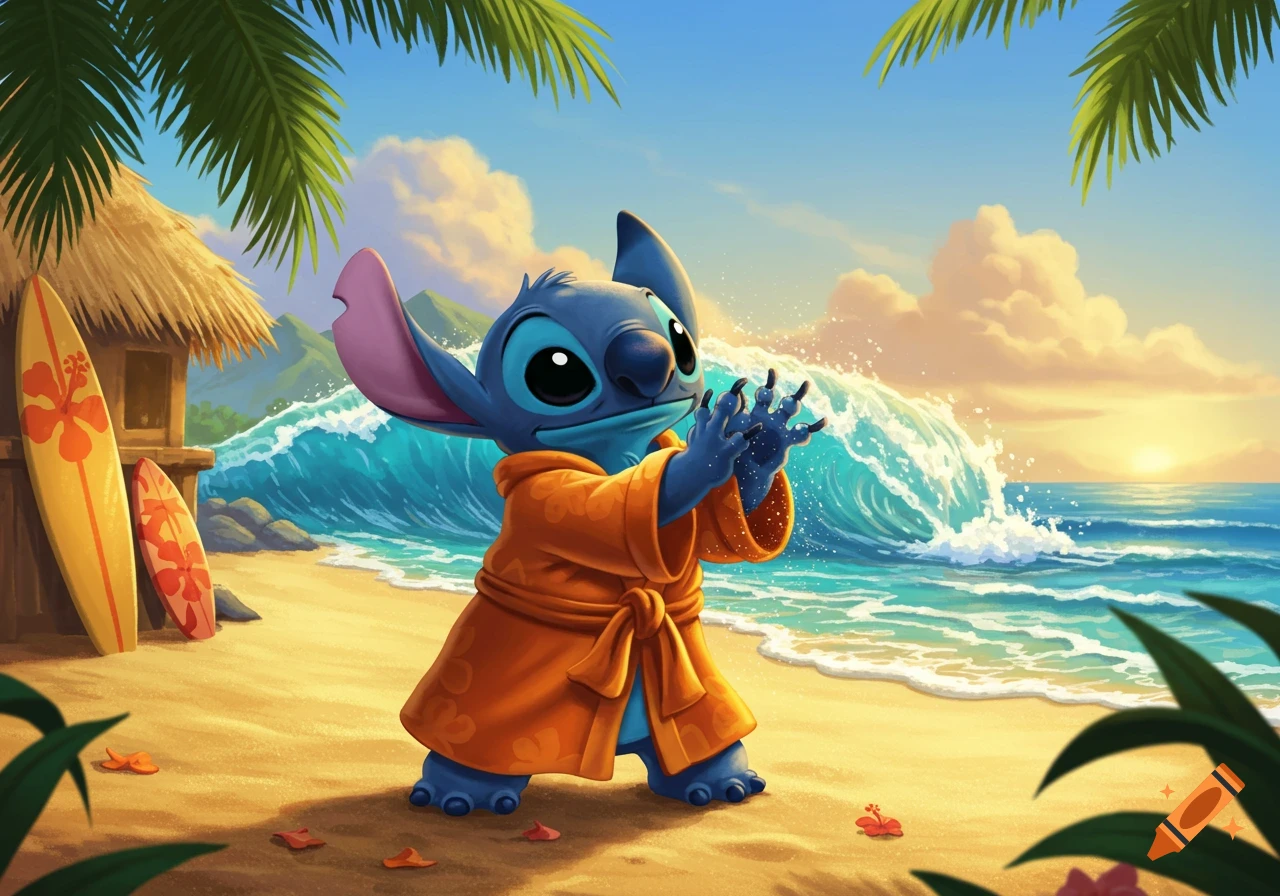 Stitch surfing on a surfboard in ocean waves at sunset with seagulls ...