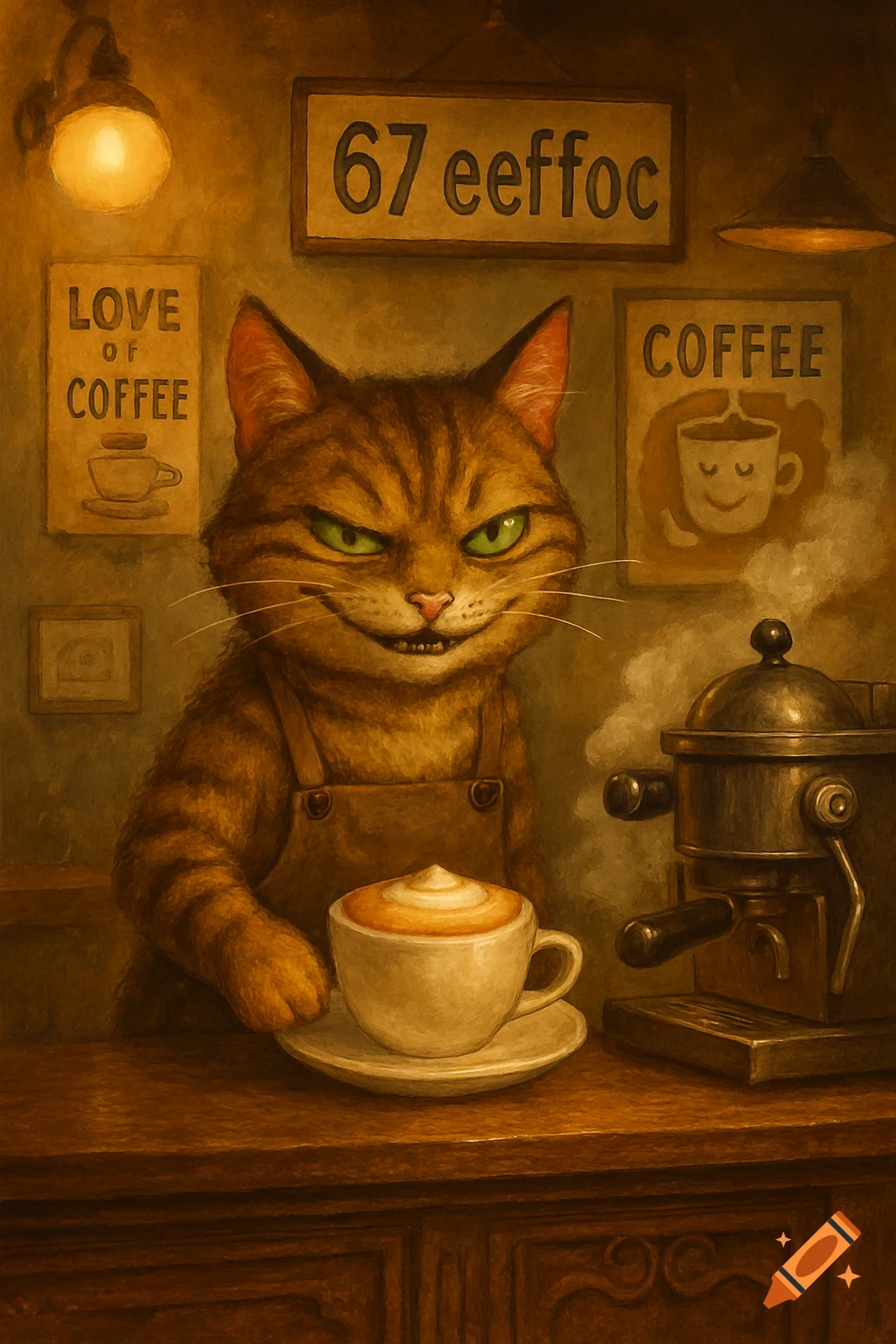 A cozy, warm illustration of an orange cat sleeping near a crackling ...