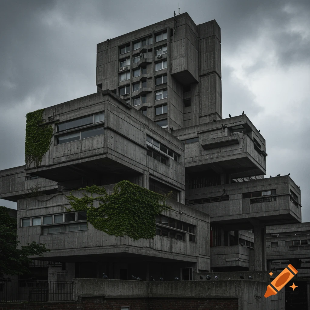 An imposing brutalist concrete building with many windows and patches ...