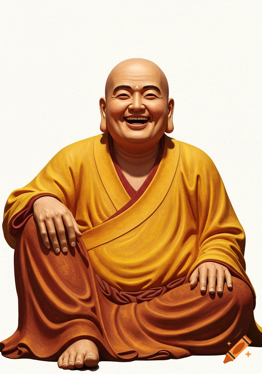 Photorealistic image of a bald, smiling Maitreya Buddha statue in ...