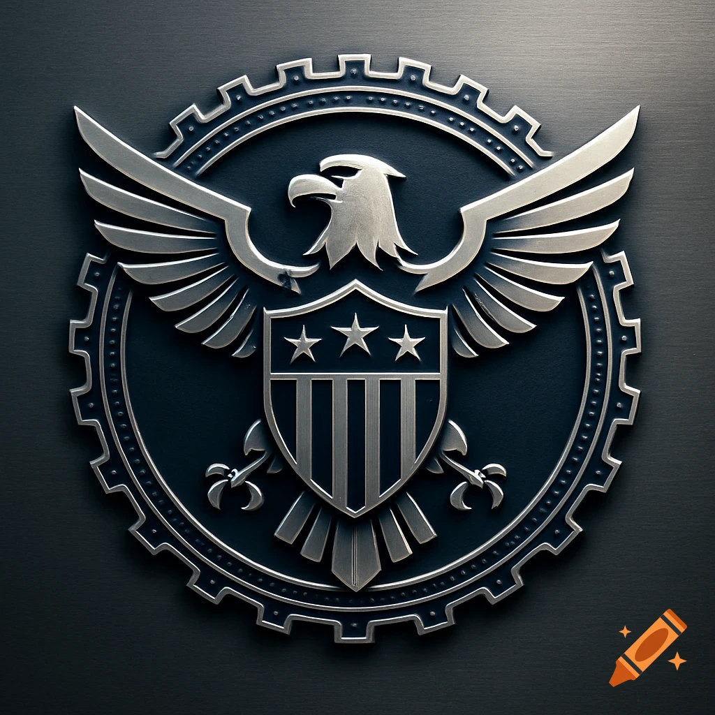 A detailed, metallic shield crest with an eagle, swords, gears, and ...