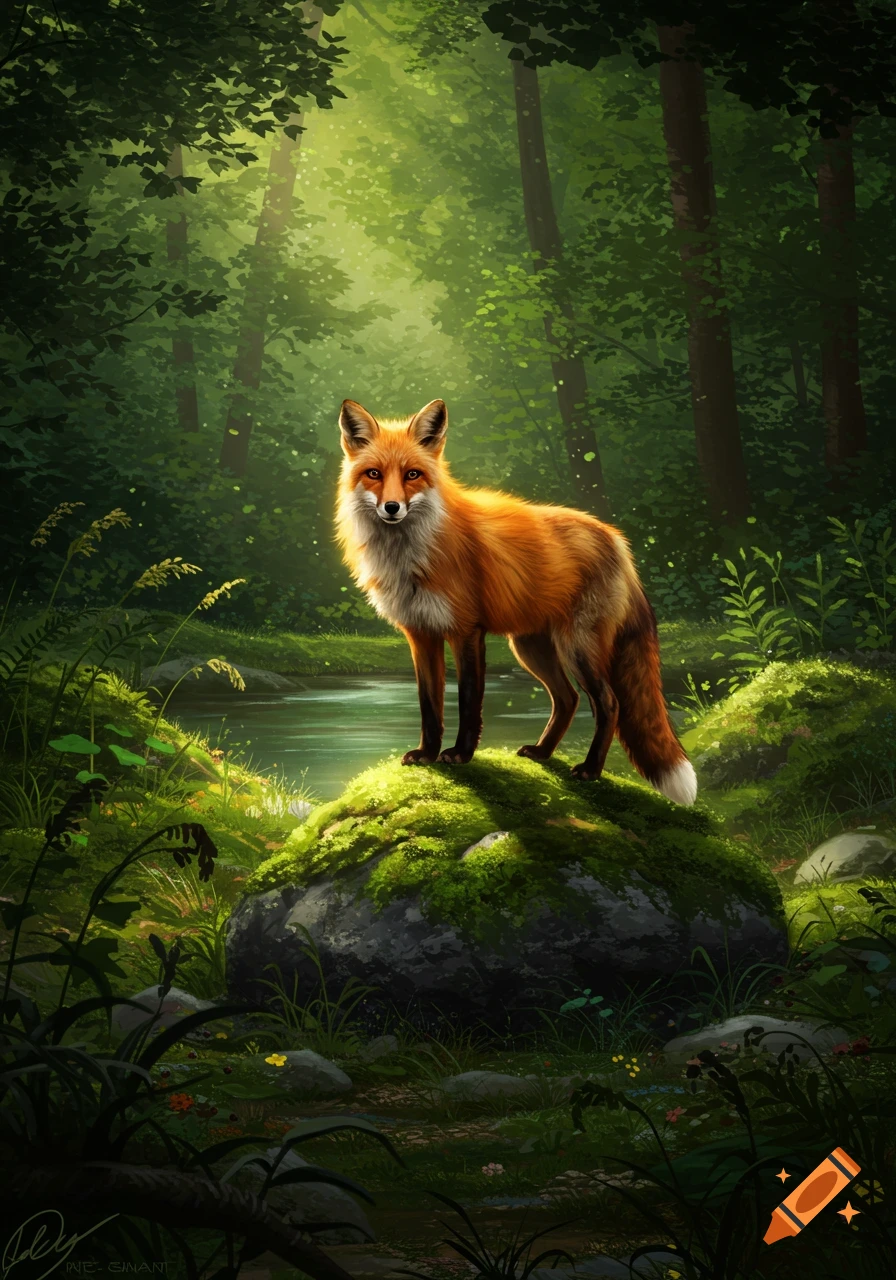 A vibrant orange fox stands on a mossy rock in a lush, sun-dappled ...