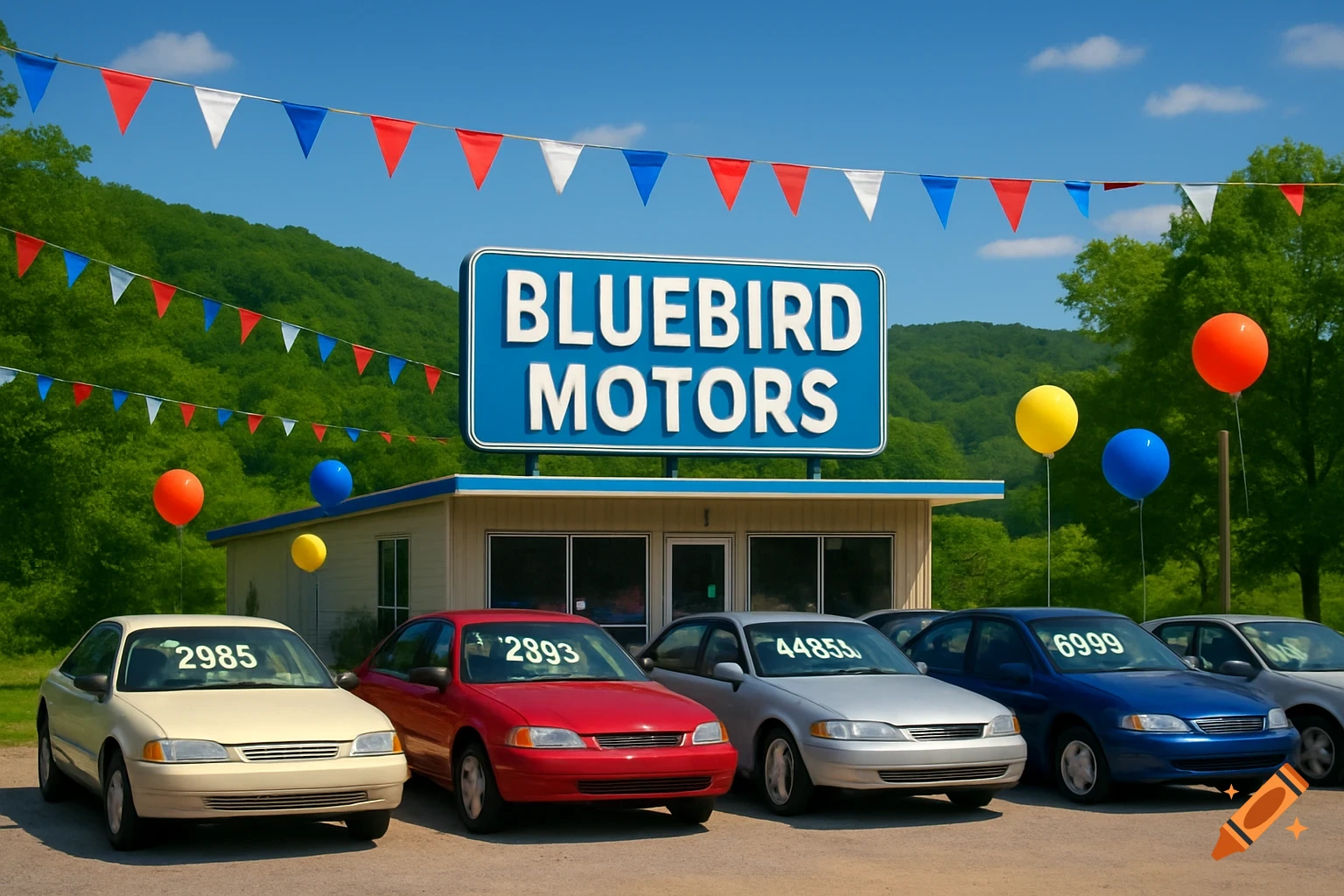 Photorealistic image of a small-town 'BlueBird Motors' car dealership ...