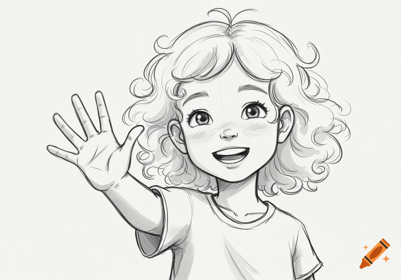 Black and white sketch of a happy, curly-haired girl waving with her ...