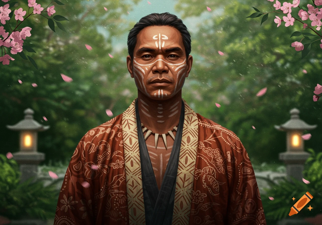 A man with white tribal face and chest paint wears a reddish-brown ...