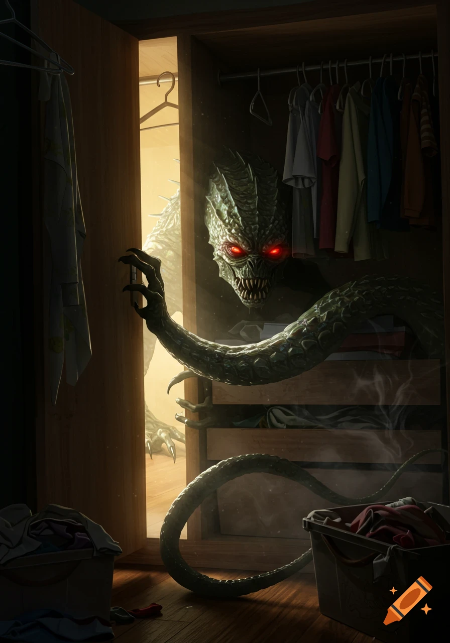 A menacing green lizard-like monster with glowing red eyes and sharp ...