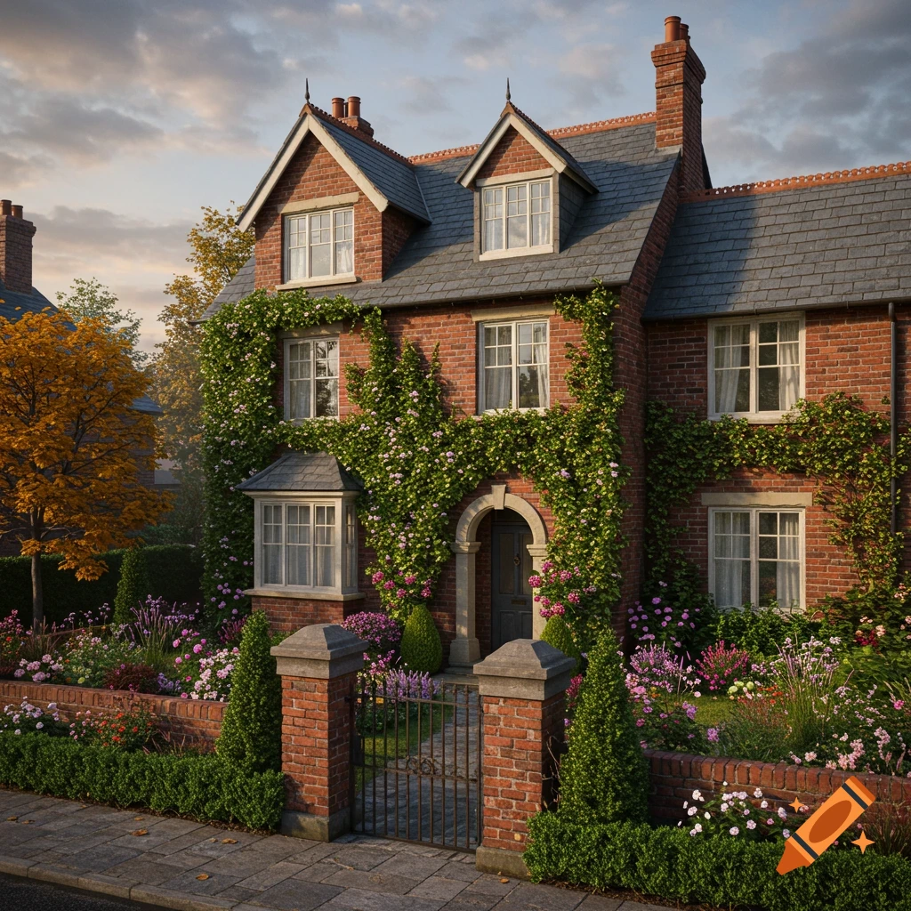 A red brick British house with a black door and white windows, flanked ...